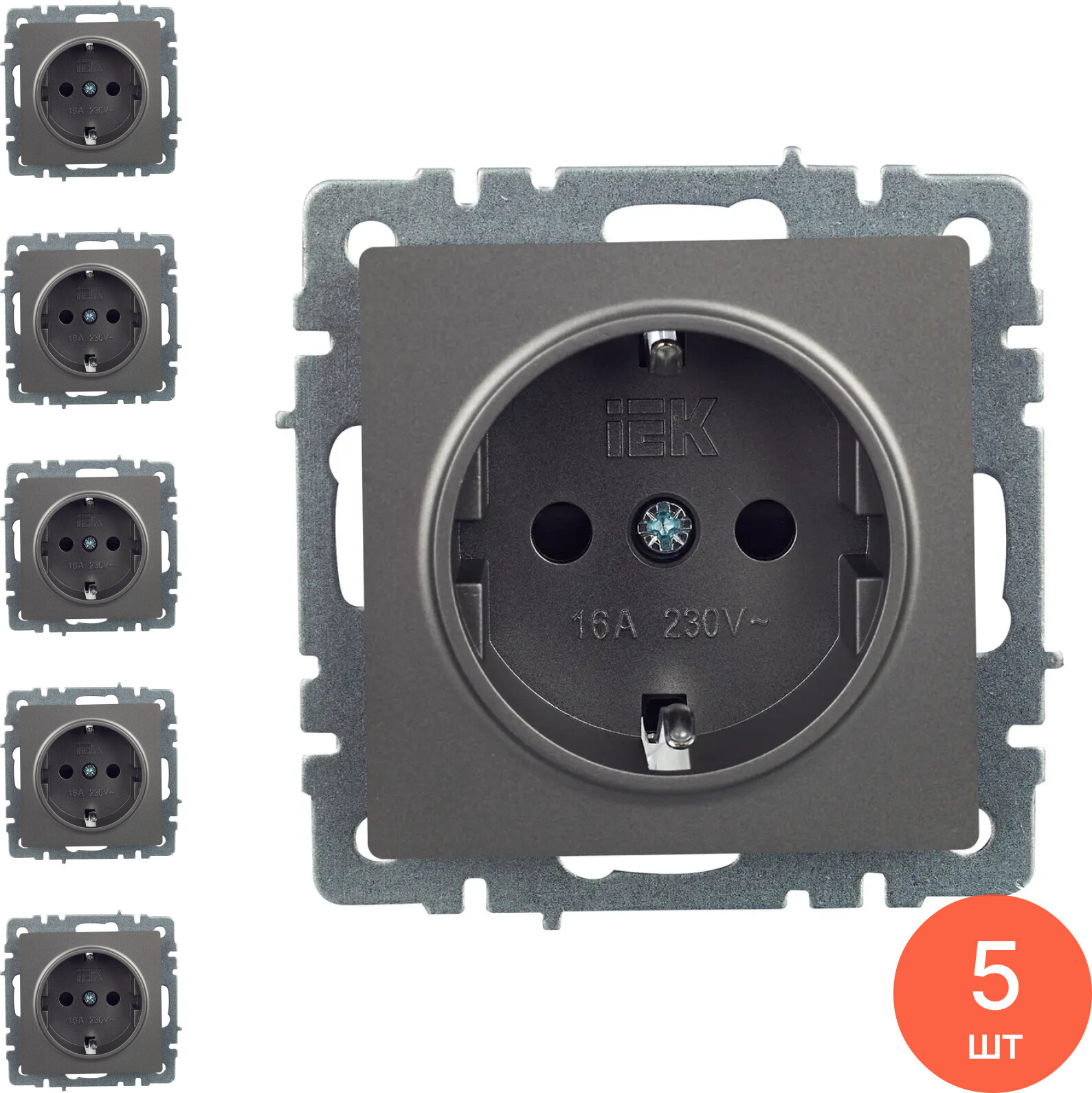 Розетка силовая штепсельная IEK / ИЭК Brite РС14-1-0-БрС, 16А 230В IP20, сталь, с заземлением и защитными шторками BR-R14-16-K46 (комплект из 5 шт)