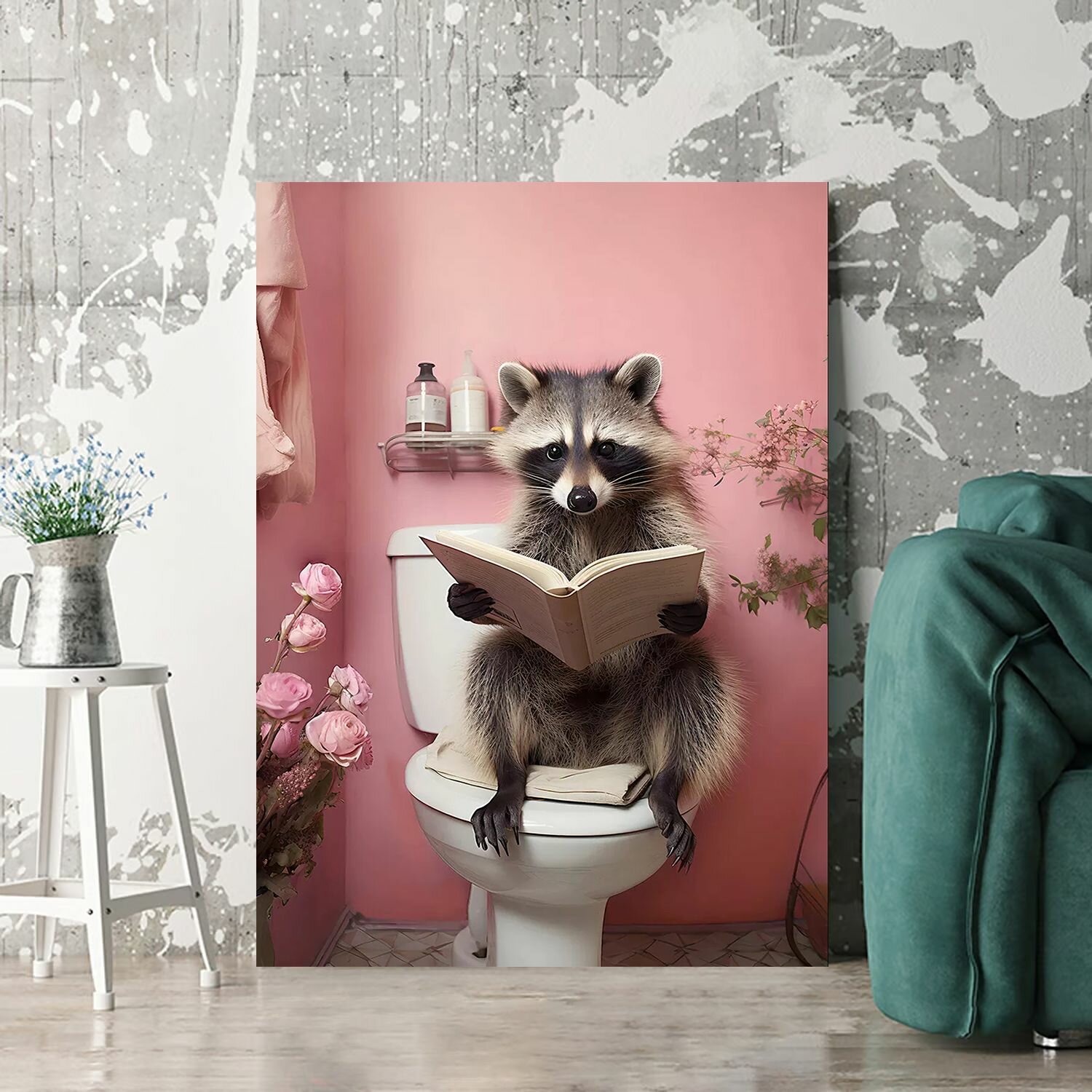Картина в туалет, ванную комнату Енот читает газету, 40х60 см.