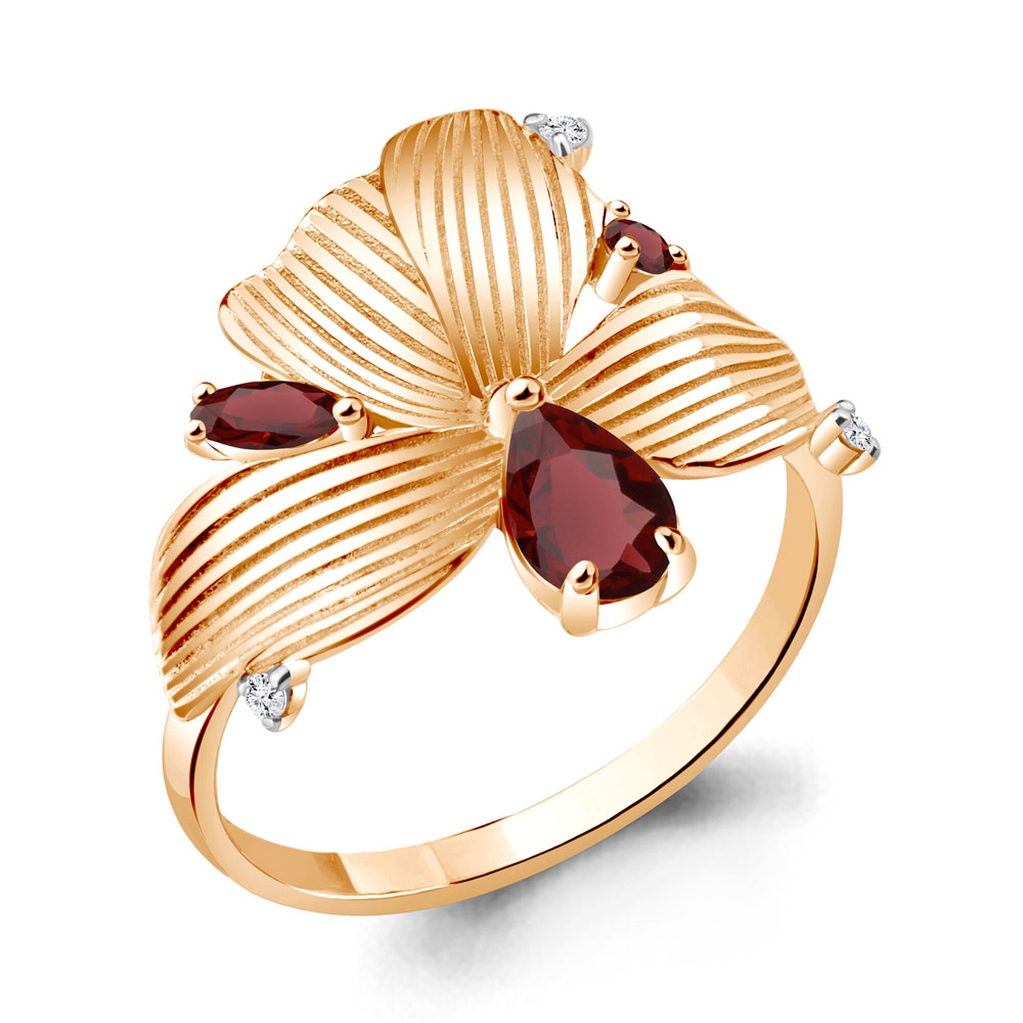 Кольцо, серебро, 925 проба, золочение, фианит, гранат