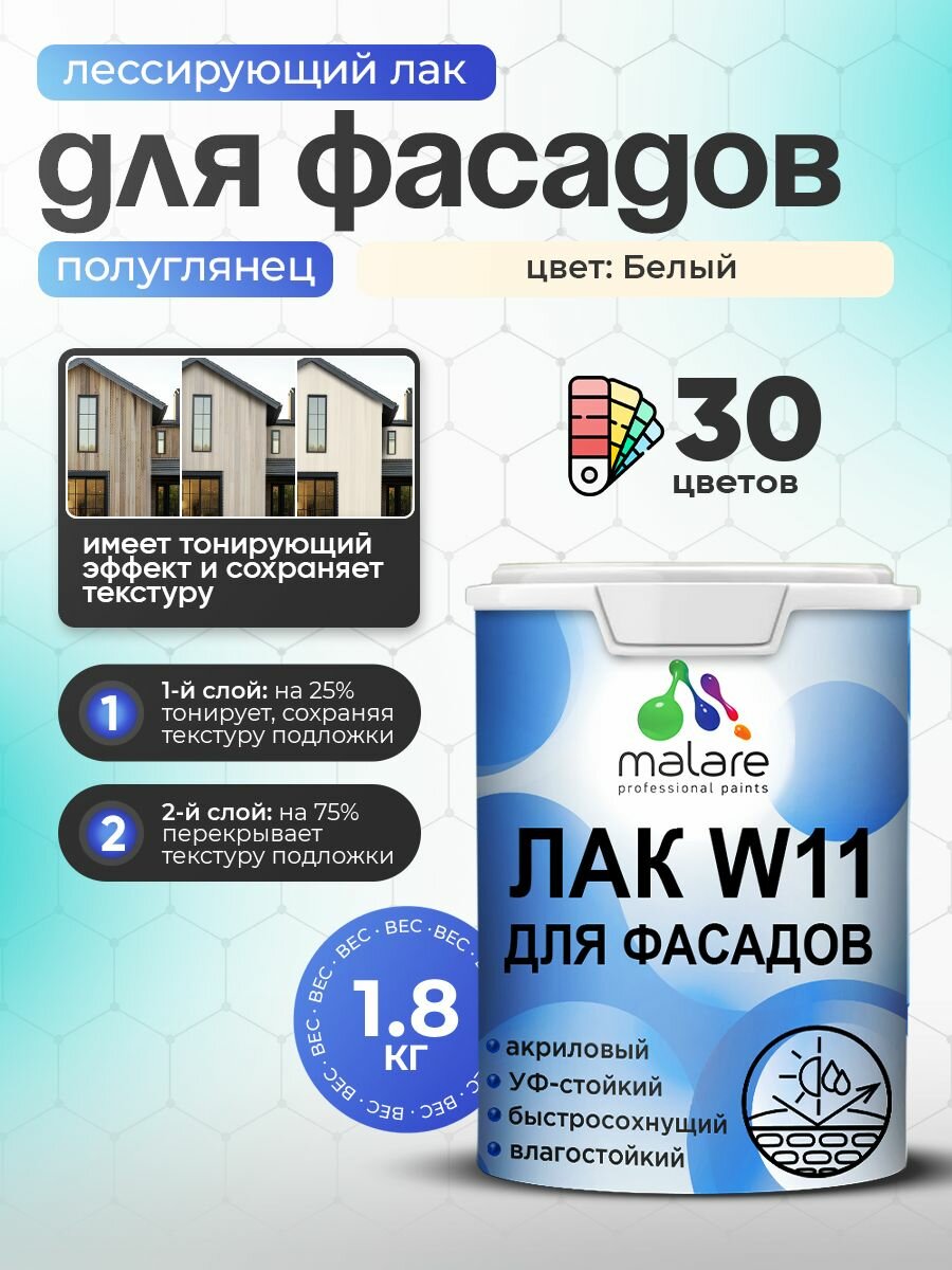 Лак колерованный тонирующий фасадный Malare W11 для защиты фасадов зданий, для дерева, камня и кирпича, быстросохнущий влагостойкий экологичный, полуглянцевый, белый, 1.8 кг.