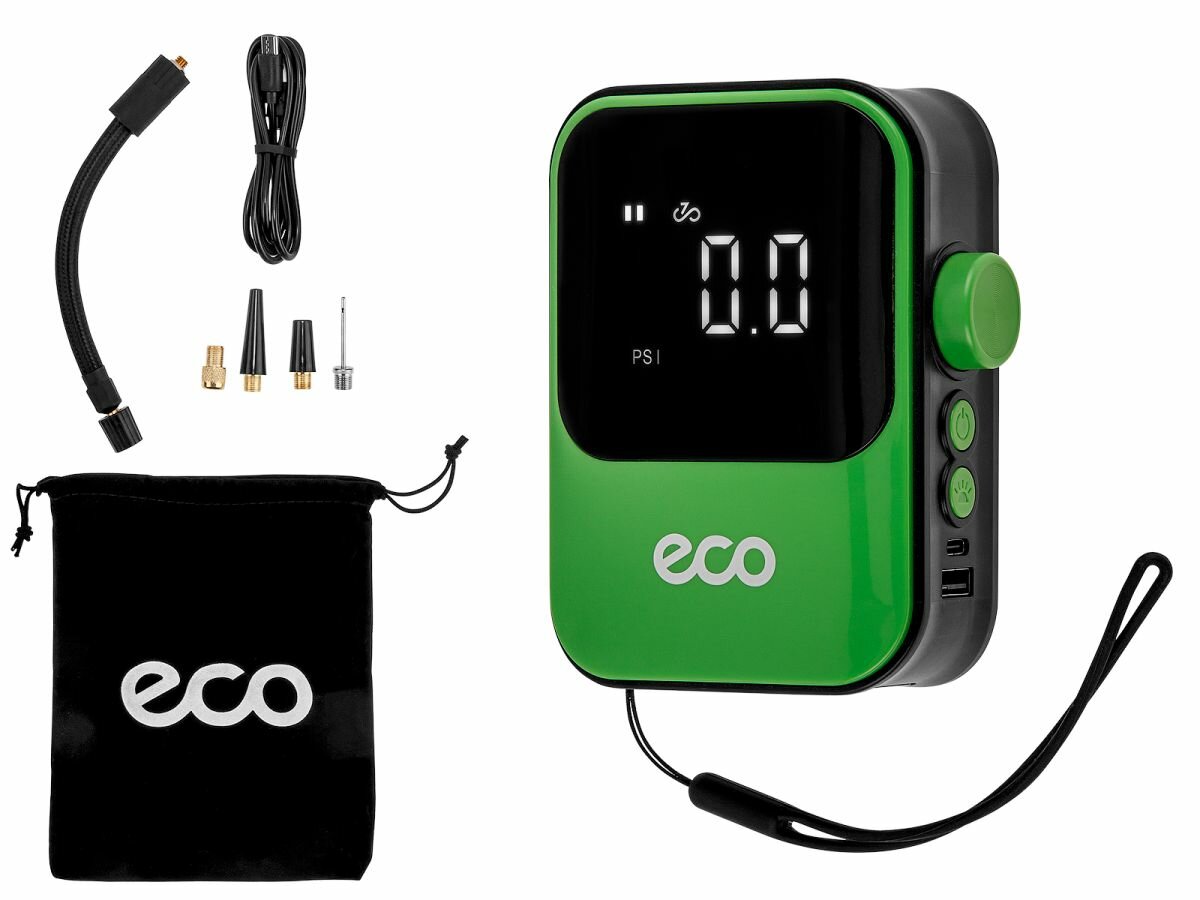 Компрессор автомобильный ECO AE-007 Comfort (7,4 В, 40 Вт, 18 л/мин, 4000 мА·ч, 10 Бар, LED дисплей, режим повербанка, фонарь, 4 насадки, сумка)