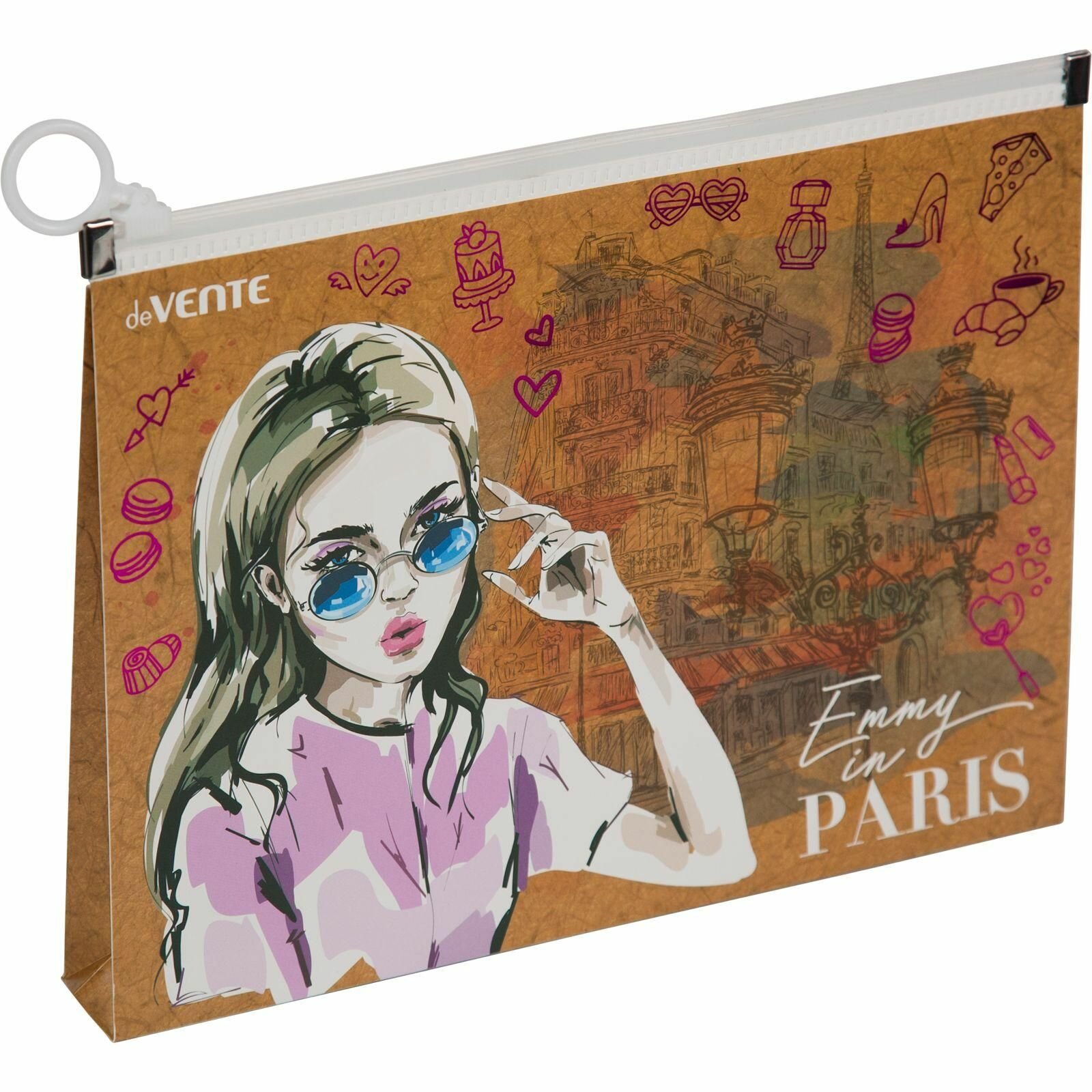Папка на молнии deVENTE А5 "Emmy in Paris" крафт-имитация с рисунком, с расширением, 180 мкм (3072229)