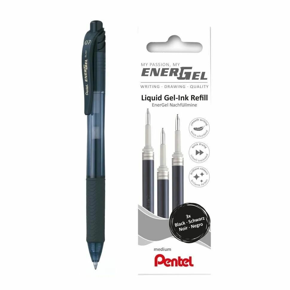 Стержни Pentel Черные, диаметр 0,7 мм, LR7-3A-PROMO, 3 шт, с ручкой