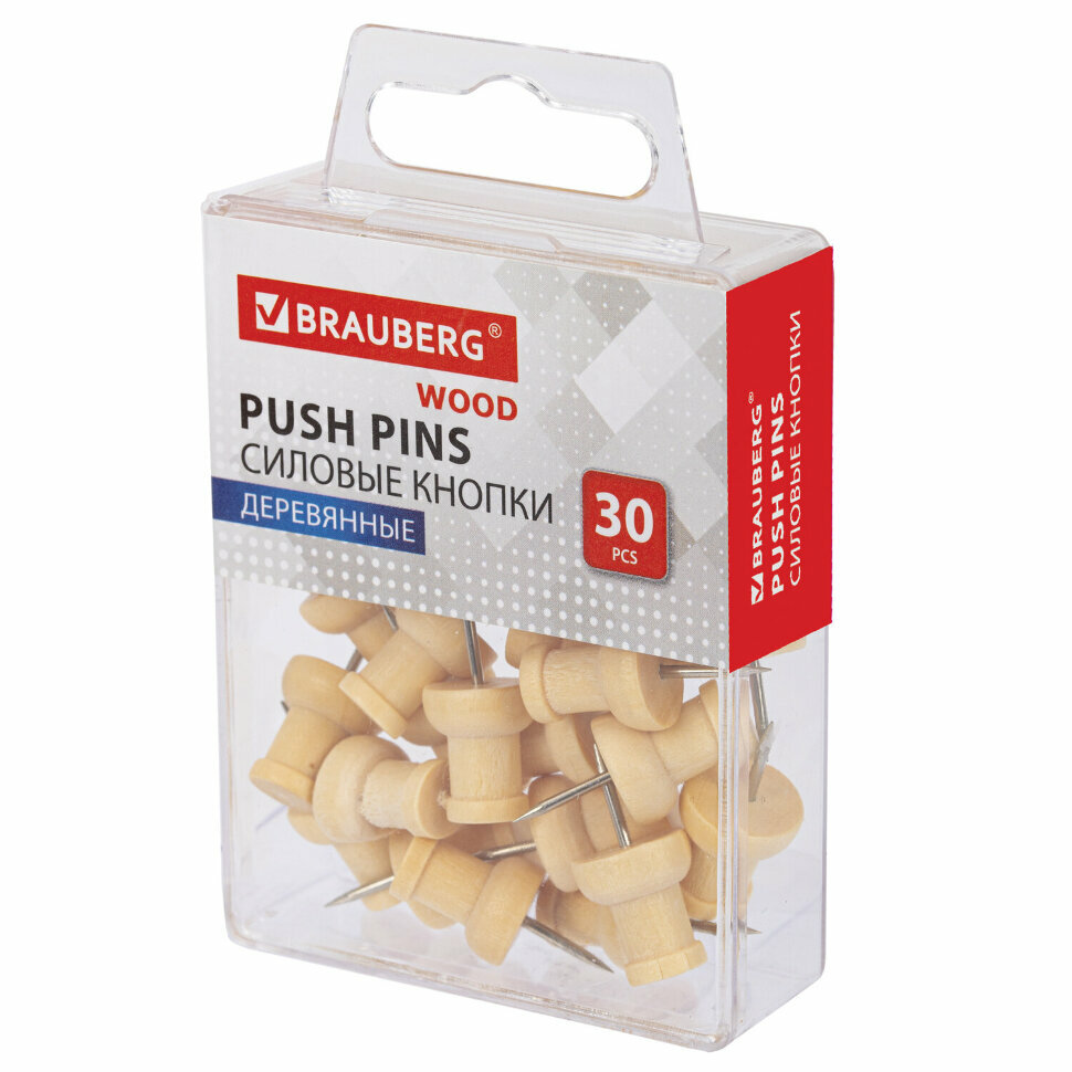 Силовые кнопки-гвоздики BRAUBERG WOOD, деревянные, 30 штук, 10 мм, 272759, 272759