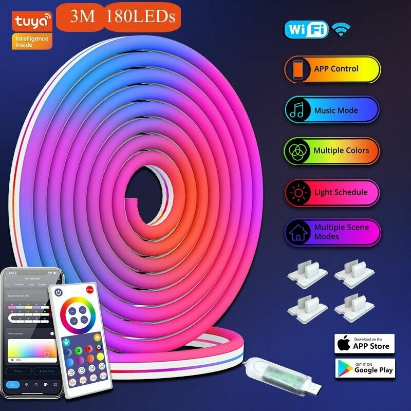Умная жизнь WiFi фото неоновая веревка, 3 м 180 светодиодов, Светодиодная лента из силикона с питанием от USB, RGBIC, Гибкая лента с управлением через приложение IP67 для самостоятельного стайлинга