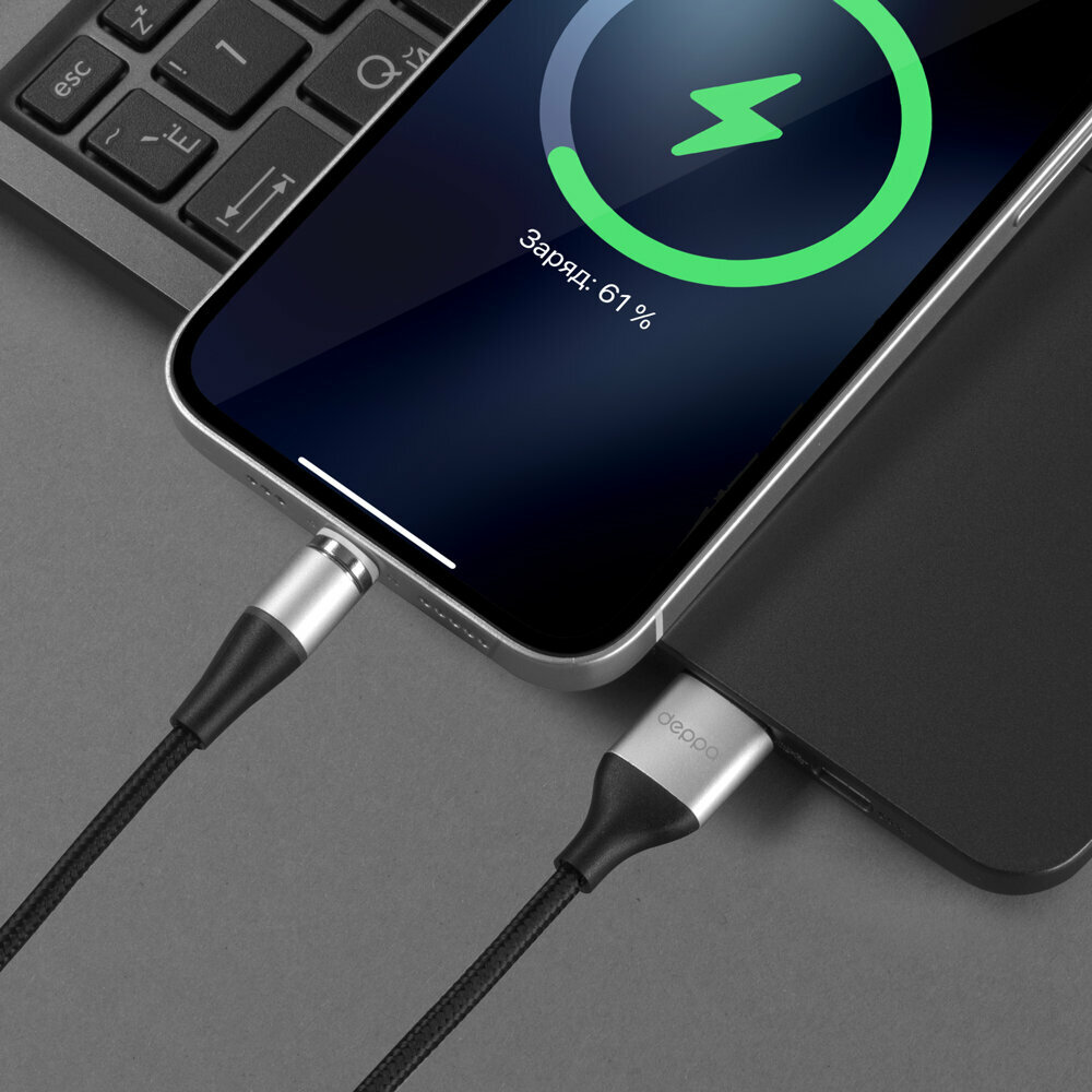 Кабель USB 3 в 1: micro USB, Type-C, Ligthning, 2.4A, магнитный, ткань, черный, Deppa 72282-OZ/ Без заводской упаковки