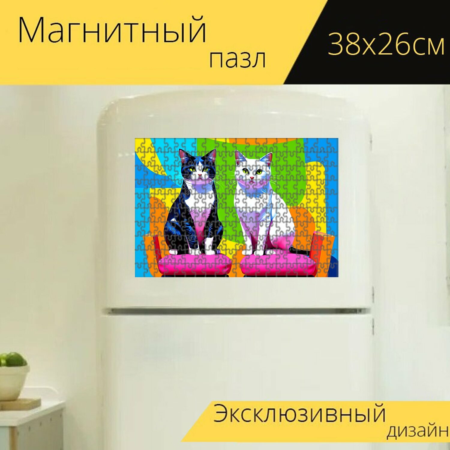 Магнитный пазл "Стиль иллюстрация, акриловая живопись, Два стилизованных кота, один белый, другой черно-белый, сидят на разноцветных стульях с ярко." для интерьера, 38х26 см.