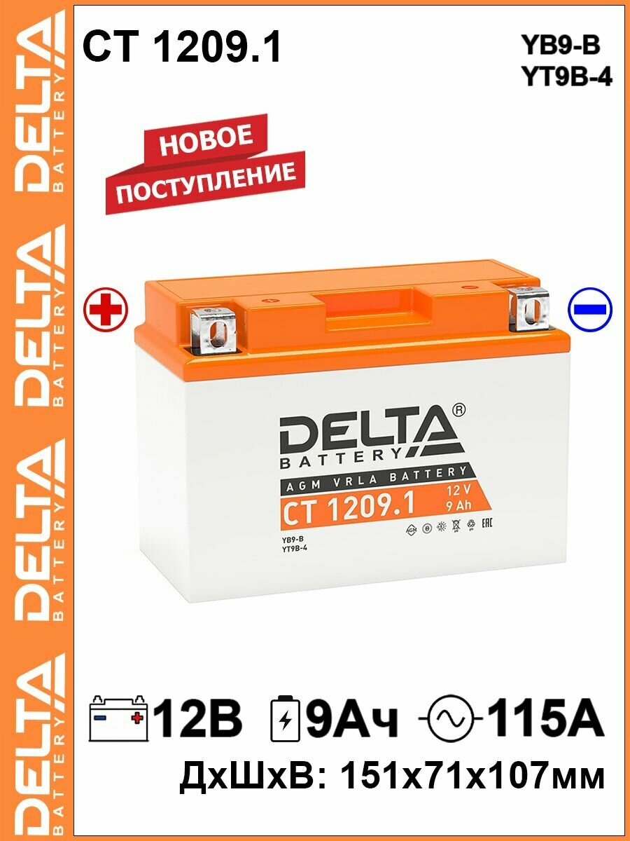 Мото аккумулятор стартерный Delta CT 1209.1 12В 9Ач прямая полярность 115А (12V 9Ah)(YT9B-BS) AGM, аккумулятор для мотоцикла, мопеда, скутера, квадроцикла, снегохода, гидроцикла, генератора