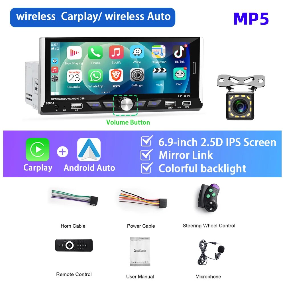 Автомагнитола Podofo 1Din MP5 для Carplay, мультимедийный плеер на Android, Carplay MP5 CAM