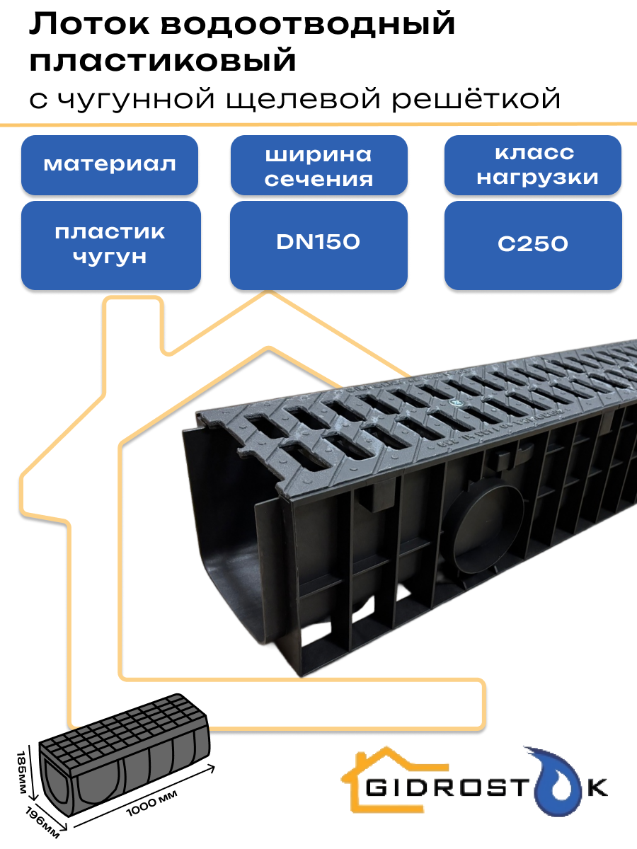 Лоток пластиковый DN150 H185 мм с чугунной щелевой решёткой и крепежом класс С250