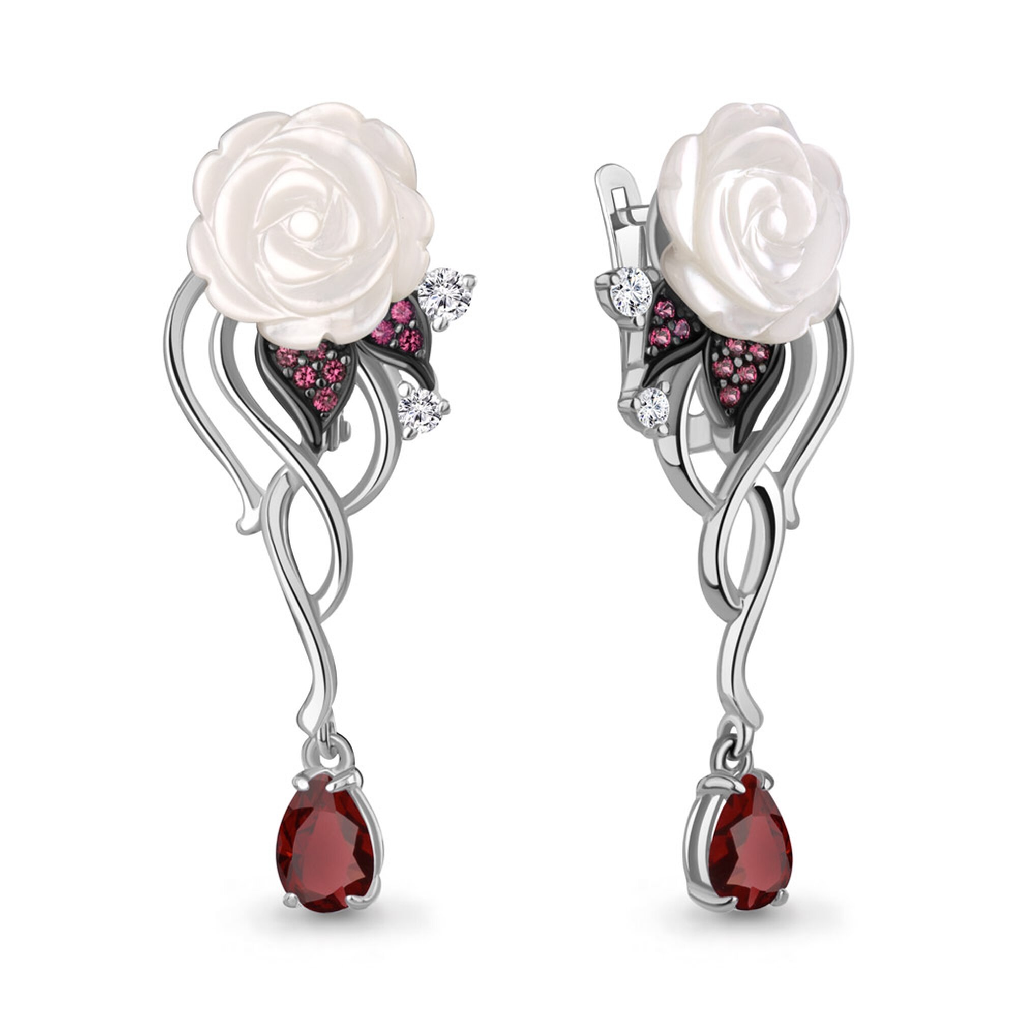 Серьги, серебро, 925 проба, родирование, перламутр, гранат, фианит, корунд