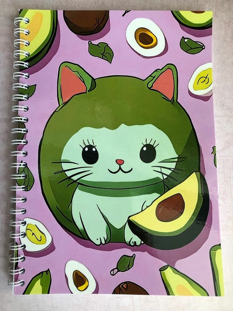 Блокнот "Котик с авокадо", A5, на спирали, 40 л, мягкая картонная ламинированная обложка