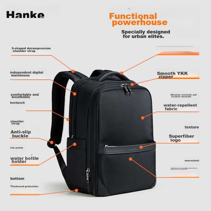 Hanke Expandable Laptop Backpack, 24L 16-Inch Classic Black, for Men And Women, Business Travel Commute, Large Capacity School Bag