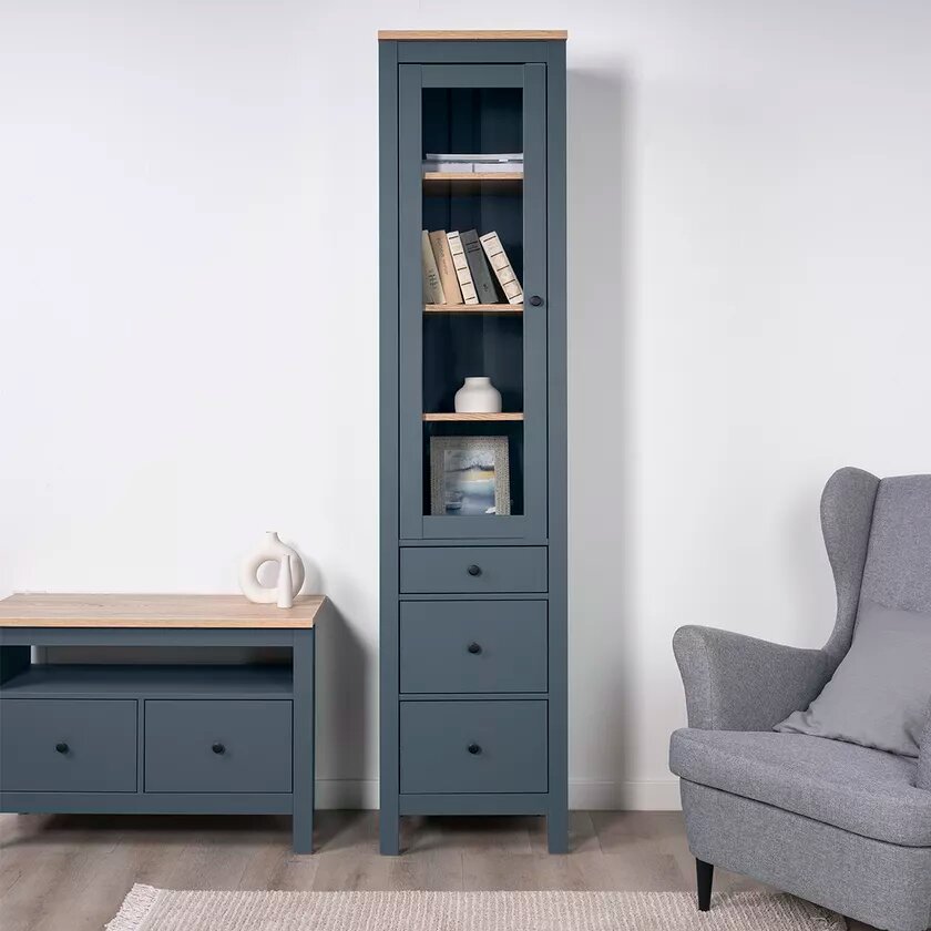 Шкаф витрина "Сага", сервант, бирюзовый ясень, 3 ящика, 3 полки, 50 см х 41 см х 216 см