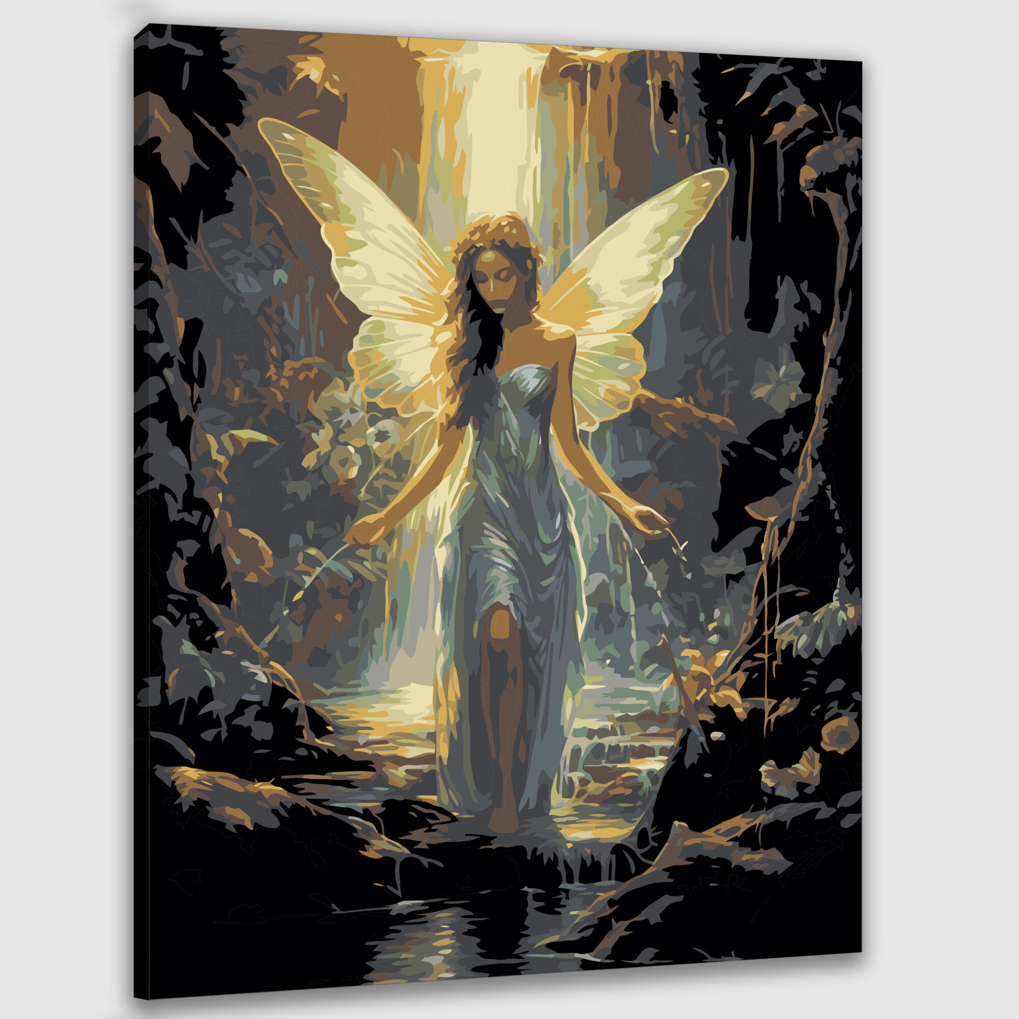 Картина по номерам 40x50 см, акриловая картина, фея, крылья, сияние, водопад, царство, зелень, лесные существа