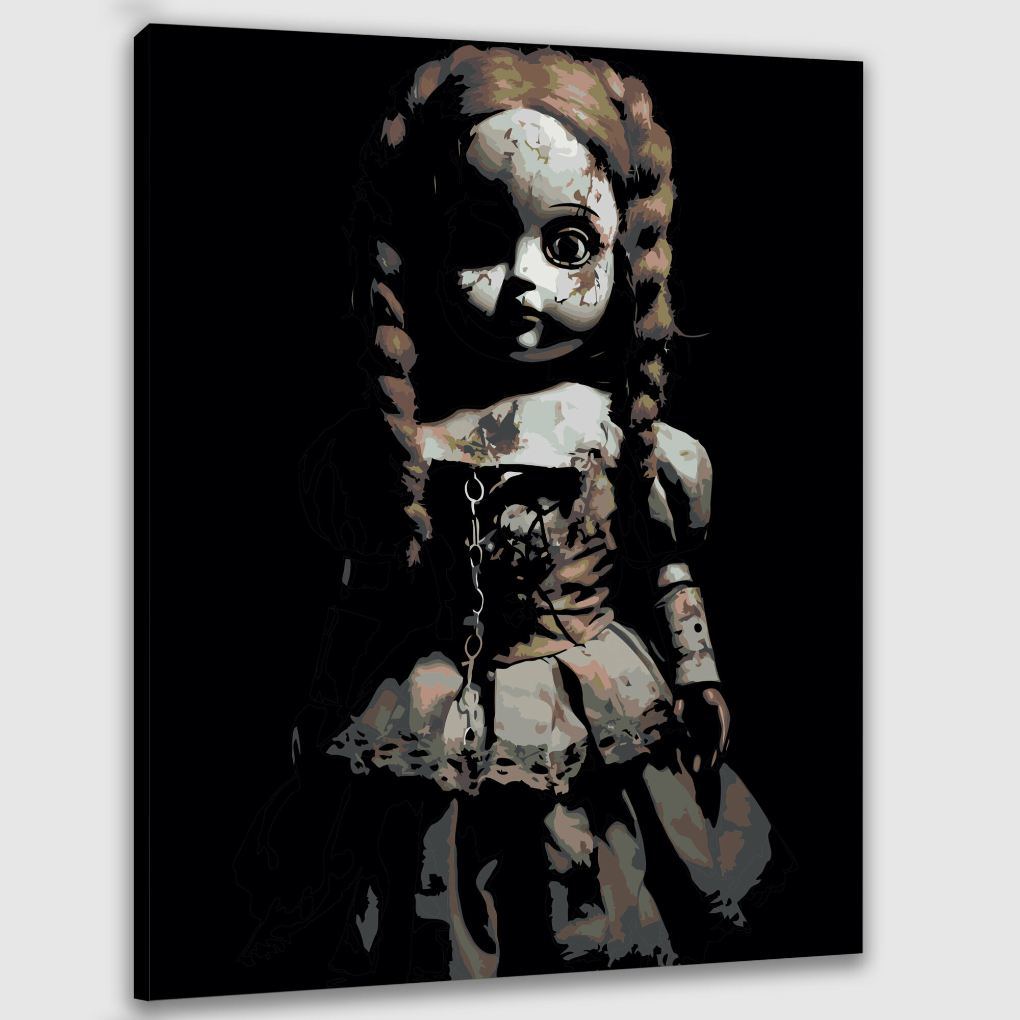 Картина по номерам 40x50 см, фотография, винтажная кукла, глаза, оживление, темный фон, эффектное освещение, тени