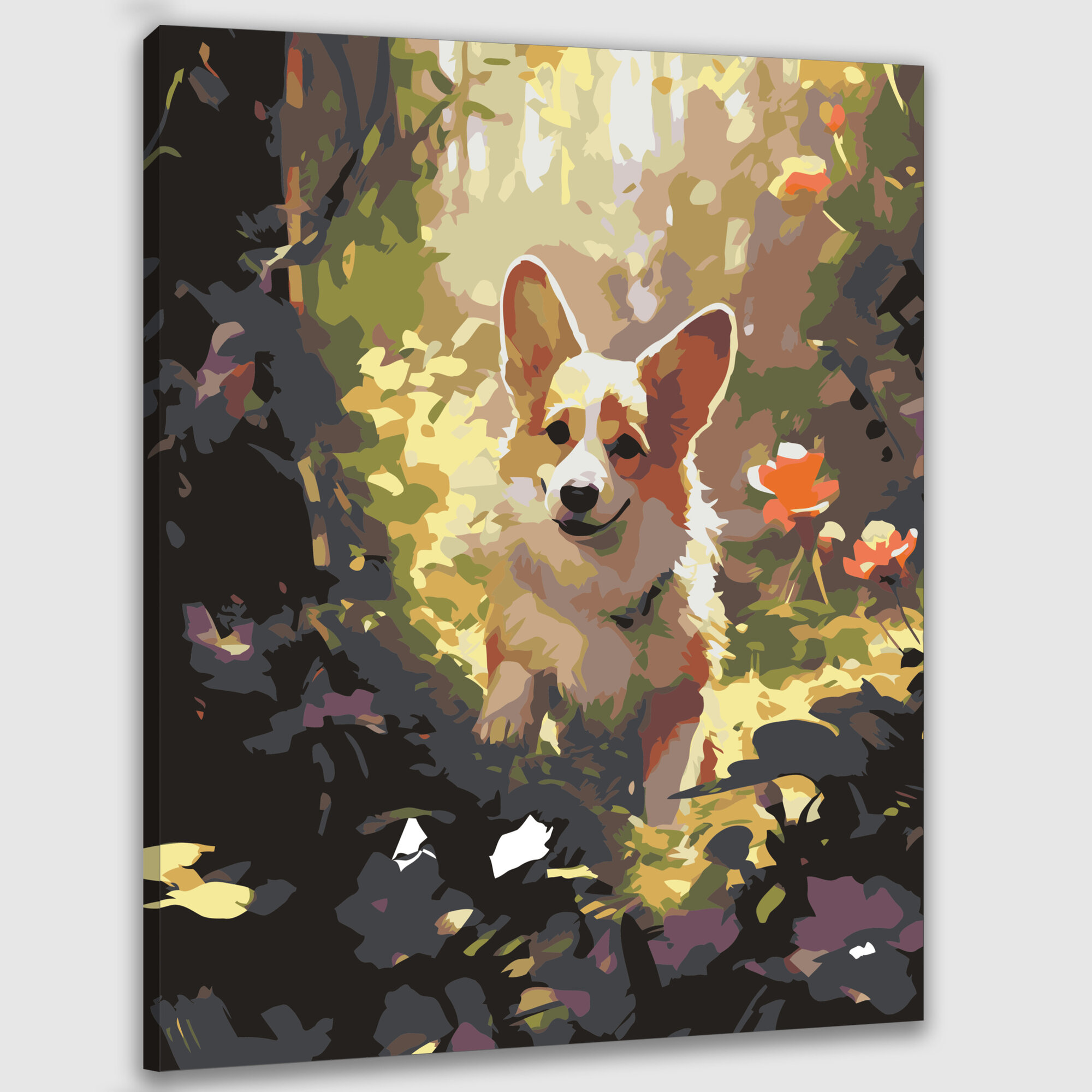 Картина по номерам 40x50 см, щенок корги, фотография, сад, цветы, полный цвет, солнечный свет, листья, взгляд, тепло