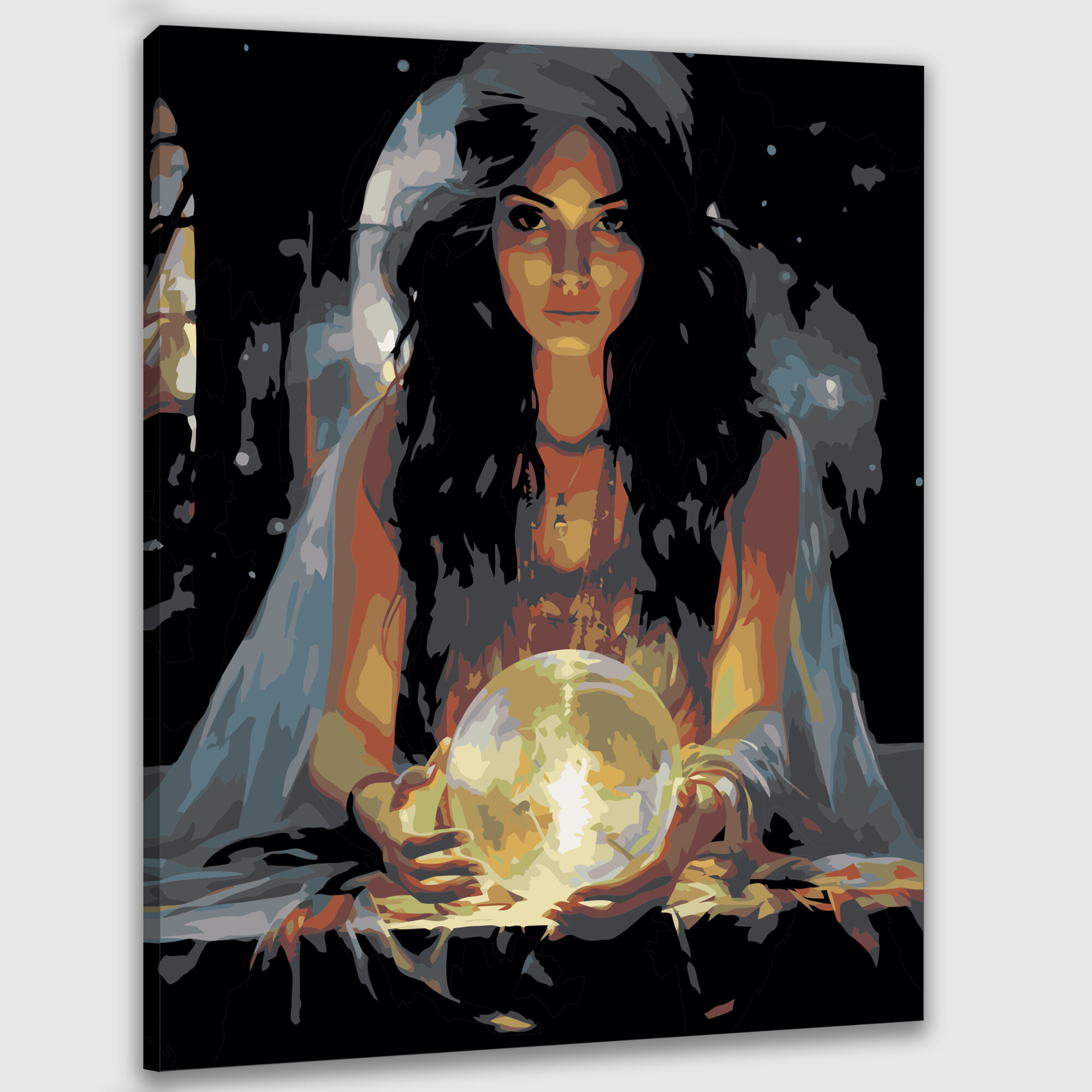 Картина по номерам 40x50 см, гадалка, свечи, дым, благовония, хрустальный шар, лицо, отражение, любопытство