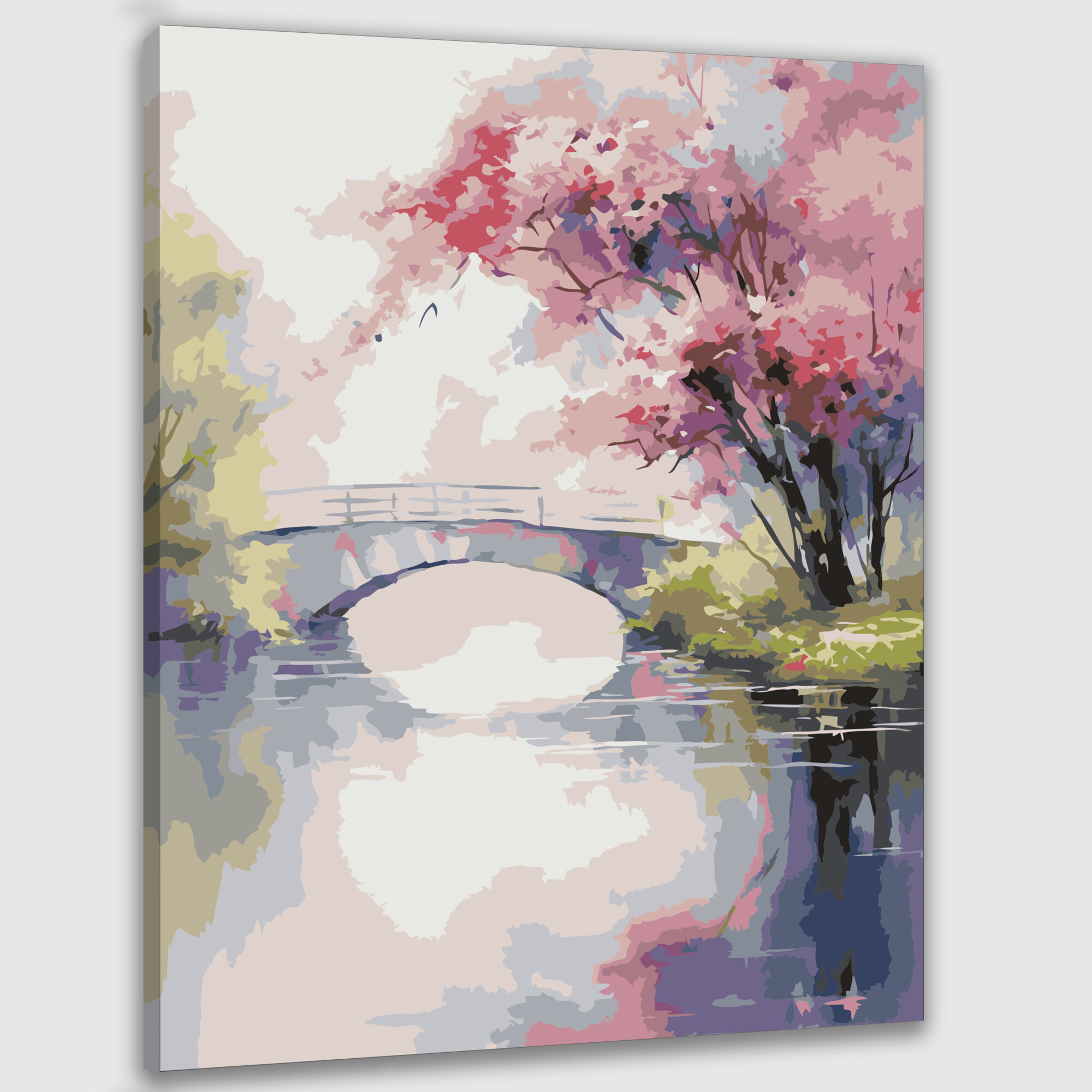 Картина по номерам 40x50 см, импрессионизм, акварель, мост, река, вода, деревья, цветы, композиция, глубина, свет
