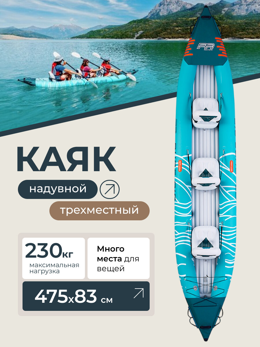 Каяк надувной байдарка трёхместная, 475×83×42 см, до 230 кг, 3 весла 3 сиденья киль, Aqua Marina PA-25GD03