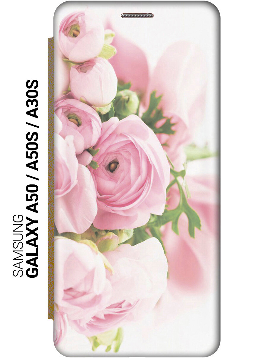 Чехол-книжка на Samsung Galaxy A50, A50s, A30s, Самсунг А50, А30с, А50с с 3D принтом "Розовые розы" золотой