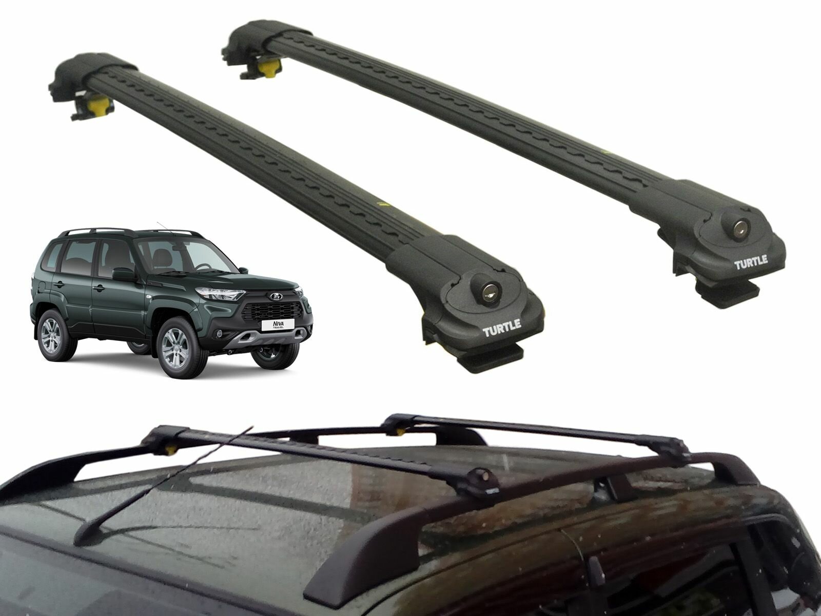 Багажник на рейлинги Лада Нива Тревел (Lada Niva Travel), Turtle Air 1, чёрный цвет