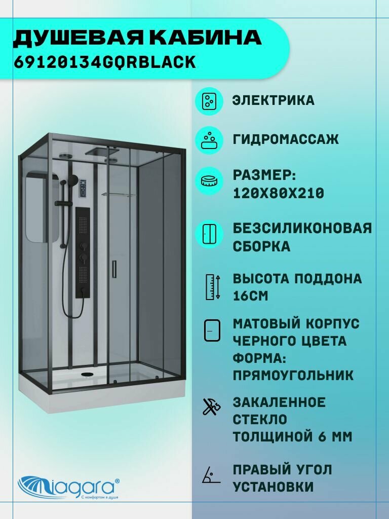 Душевая кабина Niagara Premium NG-6912-01GQR BLACK (120х80х210) низкий поддон(16 см), черный, стекло тонированное,5 мест