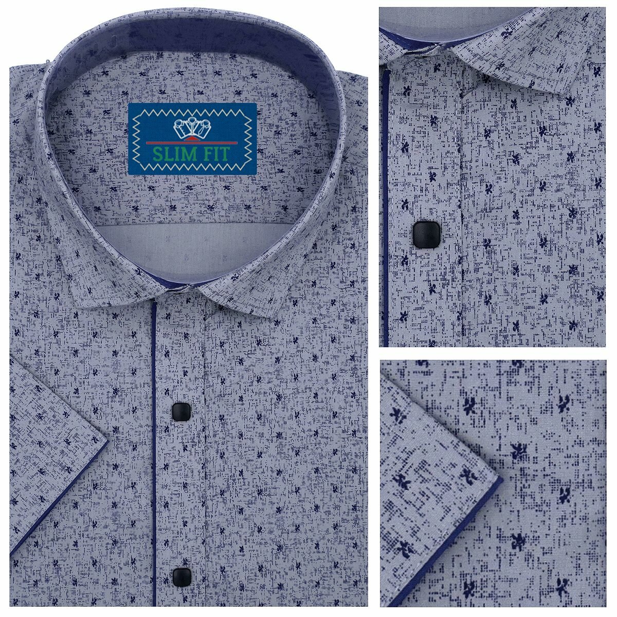 Рубашка Рубашка мужская с коротким рукавом, приталенная, сорочка, на кнопках, рубаха на любой сезон, стильный фасон одежды, серая, в мелкий рисунок, без карманов, с отделкой