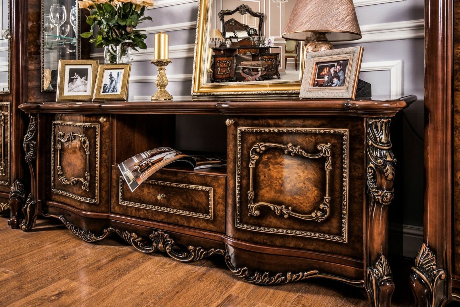 ТВ тумба Alba "Джоконда", корень дуба, глянец, с ящиками, 177,5x54x68,5 см