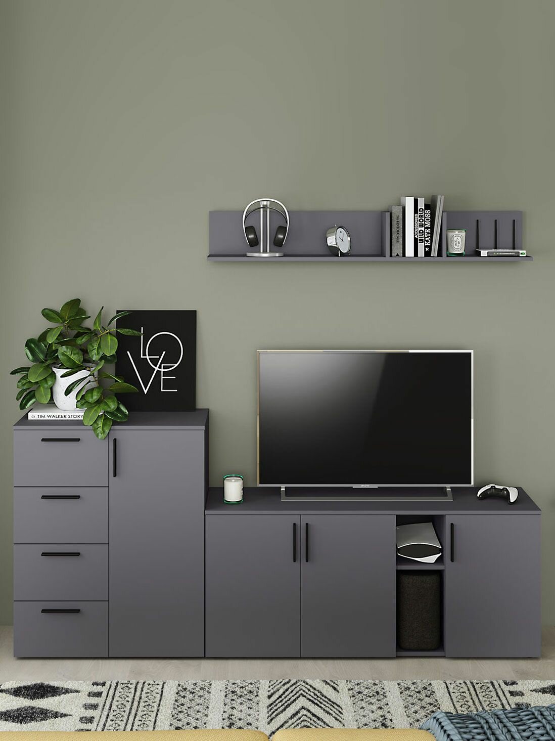 Гостиная комплект Эйр с комодом, ТВ-тумба, настенная полка, 219.7х38.3х97.9 см, Серый графит