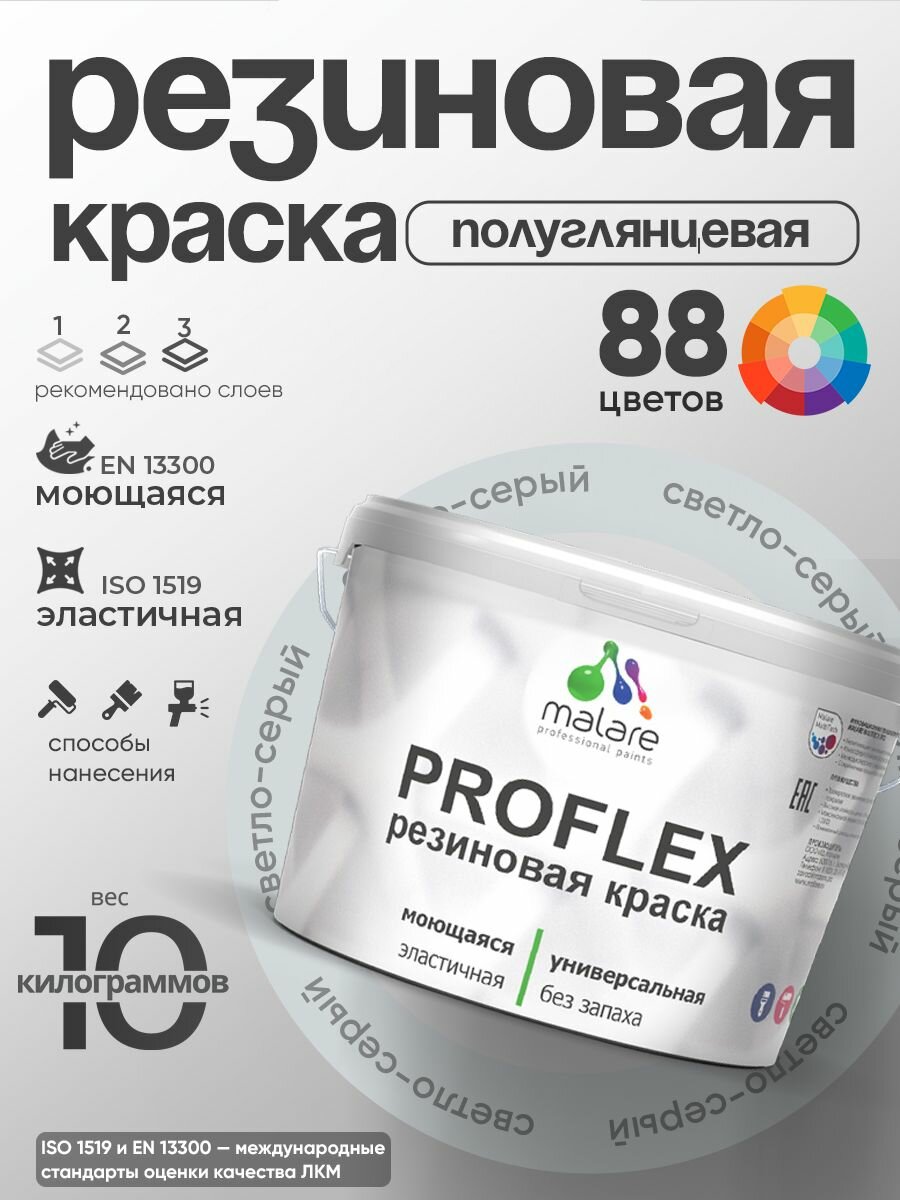 Краска резиновая Malare ProfleX жидкая резина для наружных и внутренних работ, быстросохнущая моющаяся, полуглянцевая, светло-серый, 10 кг