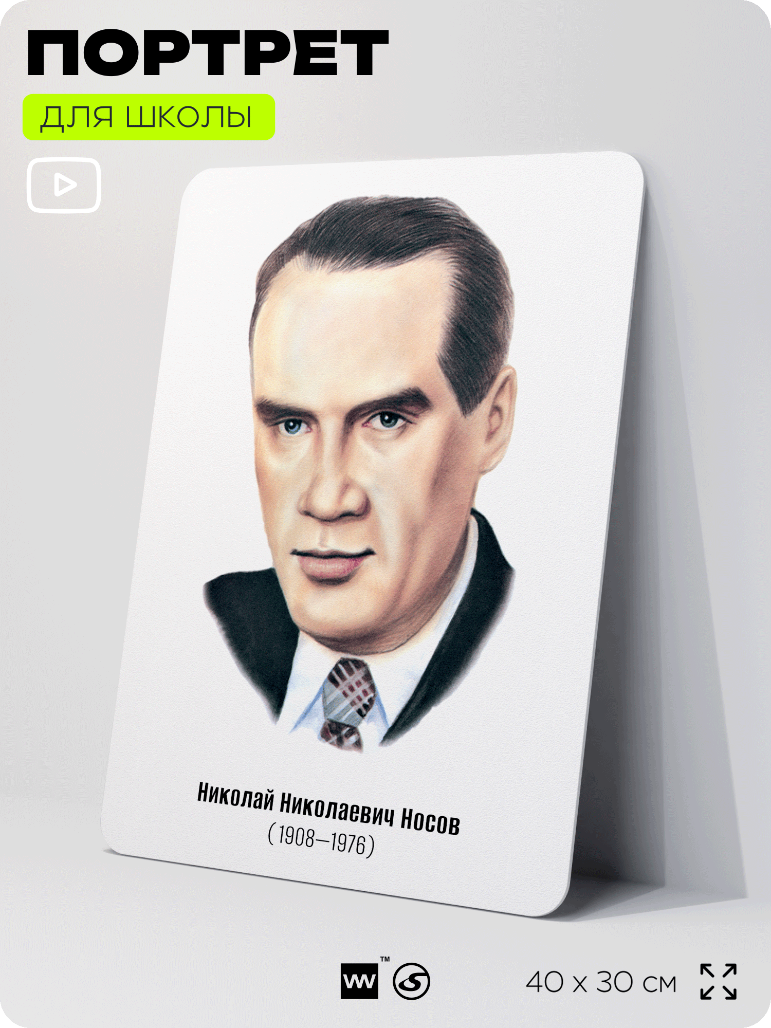 Портрет для школы в кабинет литературы и русского языка "Носов Николай Николаевич", стенд школьный для класса, для оформления классного уголка, 40х30 см, Silver Plane x Айдентика Технолоджи