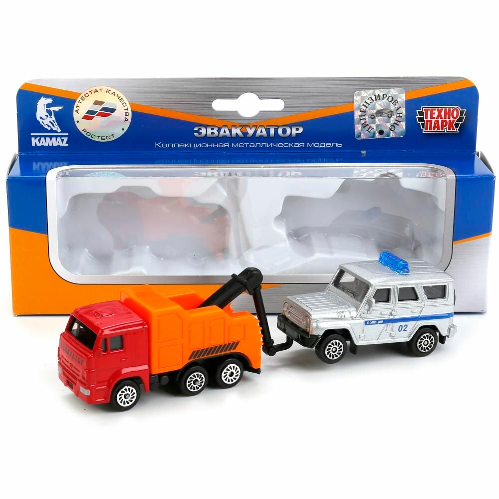 Машина металлическая KAMAZ эвакуатор Технопарк (7,5 см+uaz хантер 7,5 см)