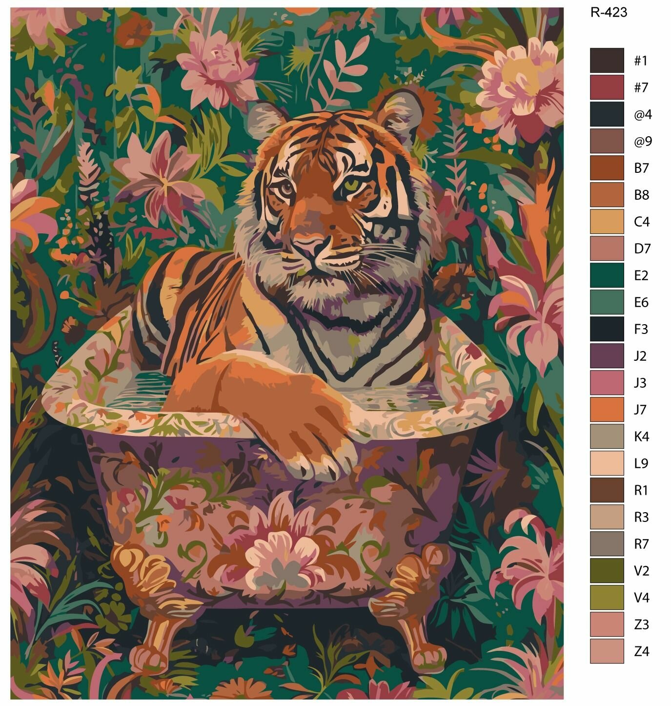 Картина по номерам R-423 "Тигр в цветочной ванне" 40х50 см