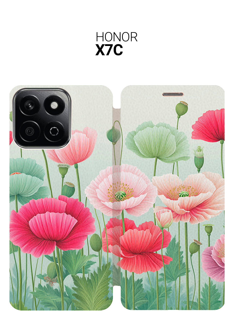 Чехол-книжка на Honor X7C с принтом "Магические маки" золотой