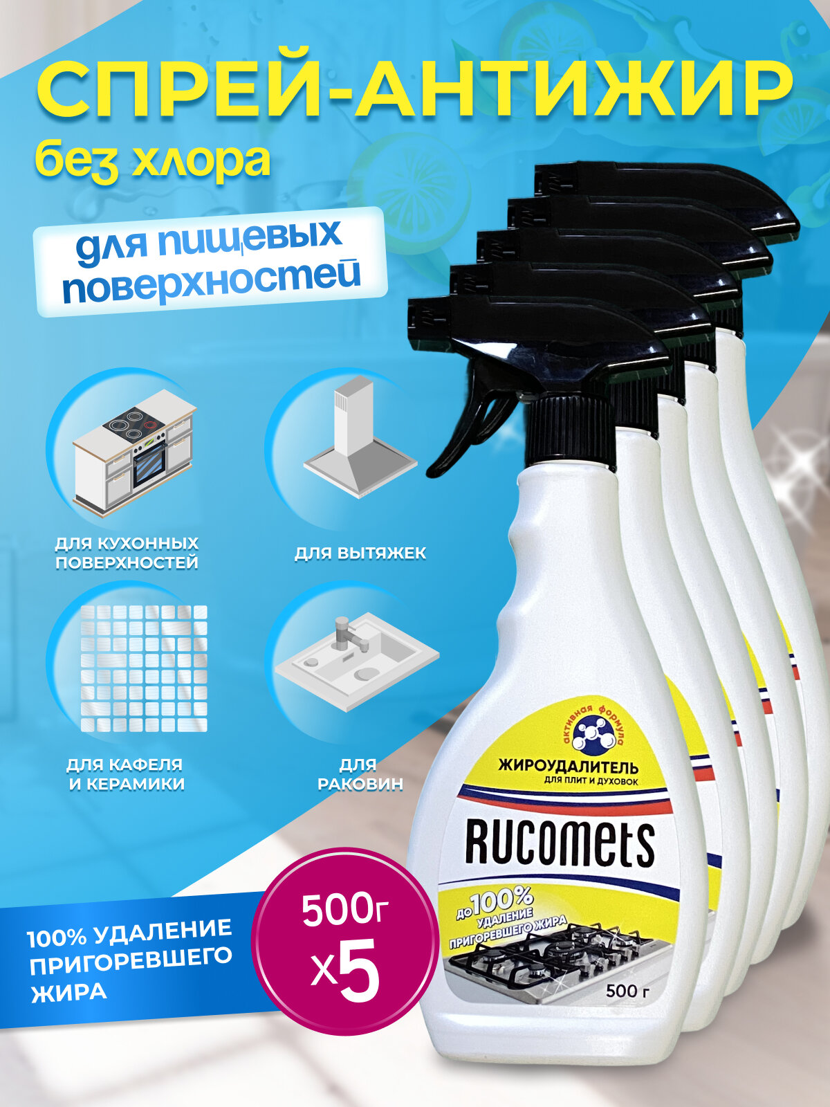 Антижир для кухни спрей Rucomets без запаха мощное очищение без царапин без абразива 500 мл удаляет жир нагар налет 5шт