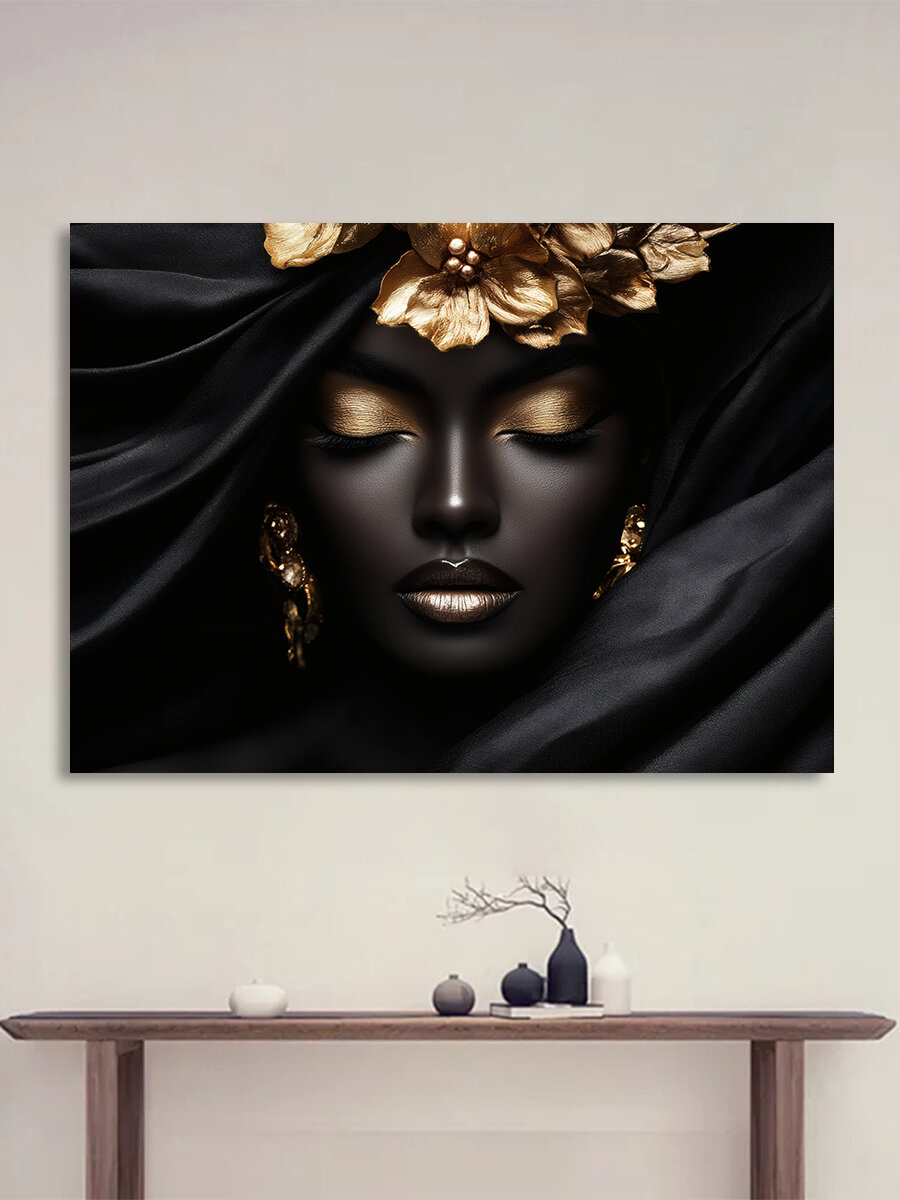 Картина на стену для интерьера - "Африканка / Негритянка, лицо девушки, золото" , 20х30 см.