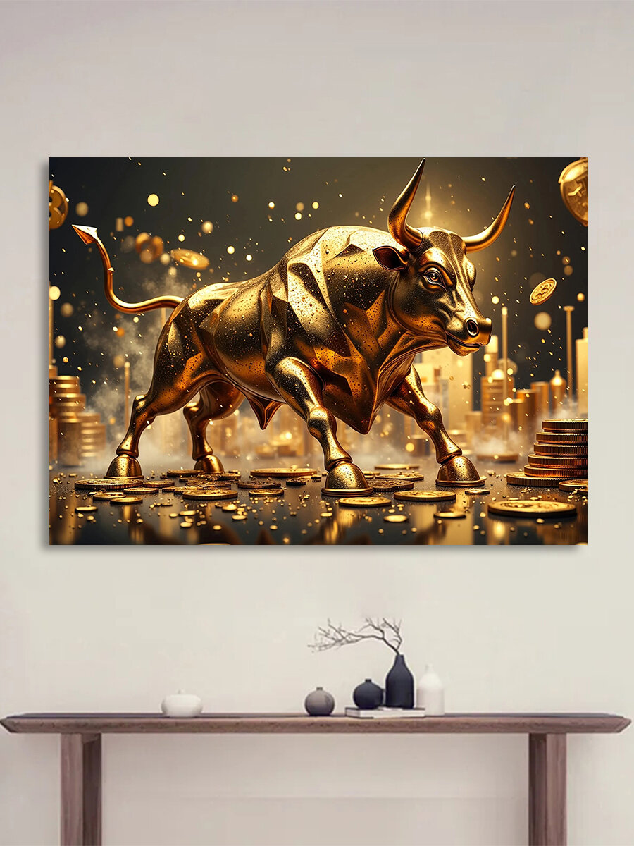 Картина интерьерная на стену - "Бык мотивация деньги в офис" , 60х80 см.