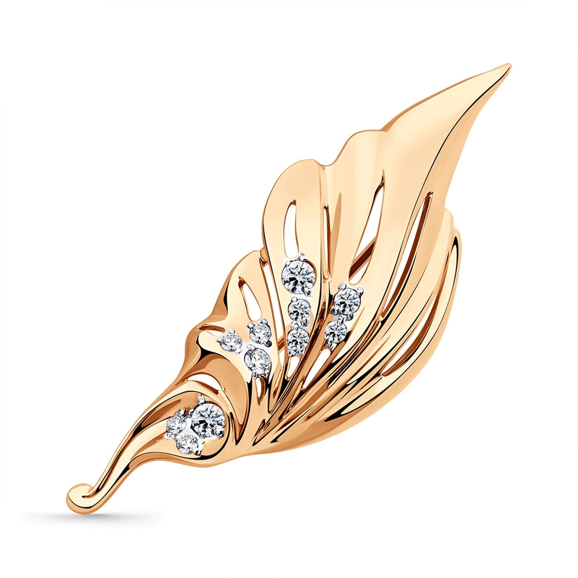 Брошь, красное золото, 585 проба, фианит