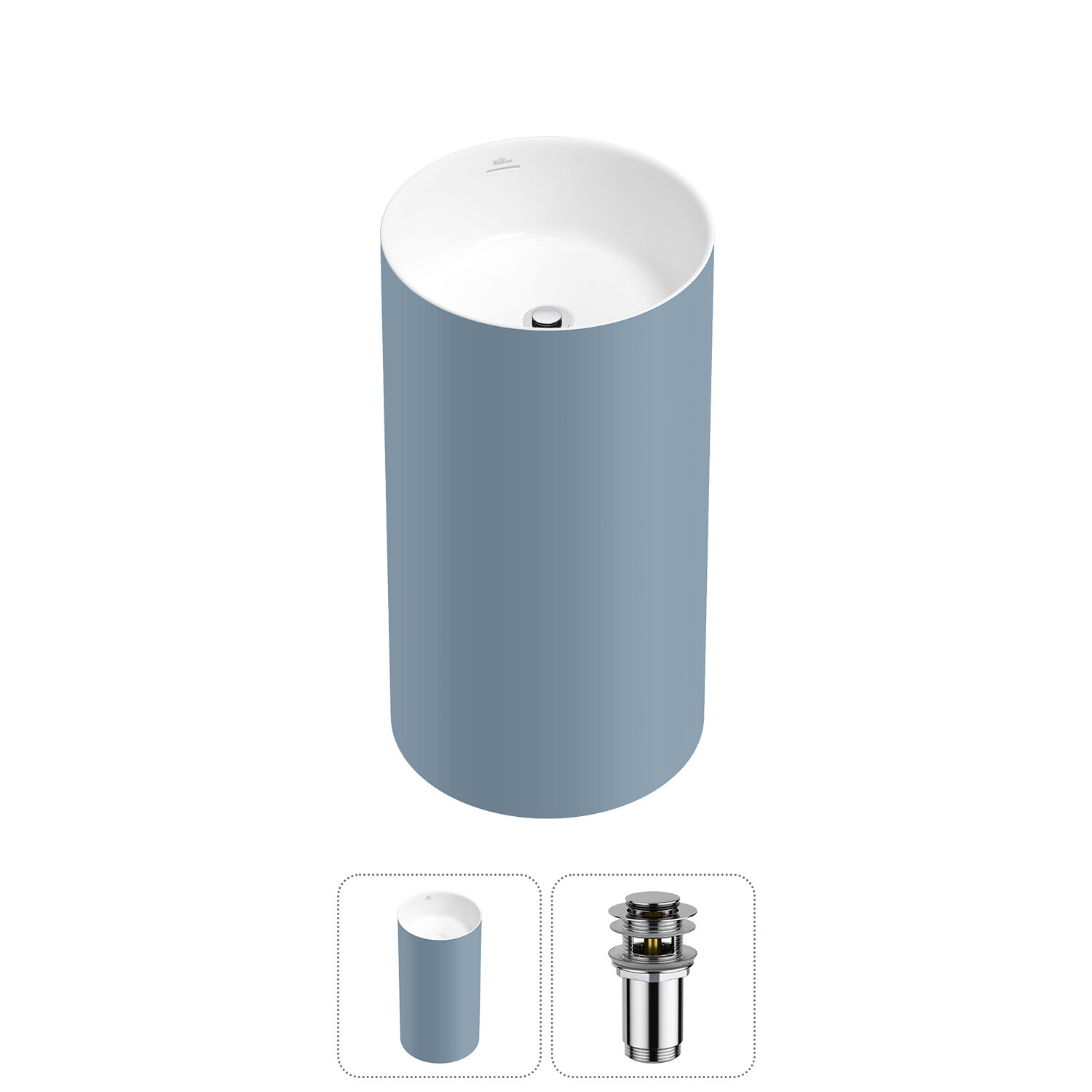 Круглая напольная раковина для ванной Wellsee Chalice Perfection 20212955R в наборе 2 в 1: напольная отдельностоящая раковина моноблок (чаша белый глянец, стенки матовый светло-синий), донный клапан (цвет хром)