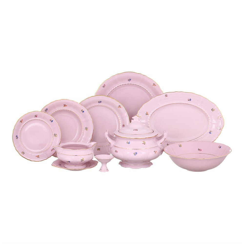 Столовый сервиз 25 пр, 6 персон, "Соната 2435" розовый фарфор, цветы, Leander Чехия