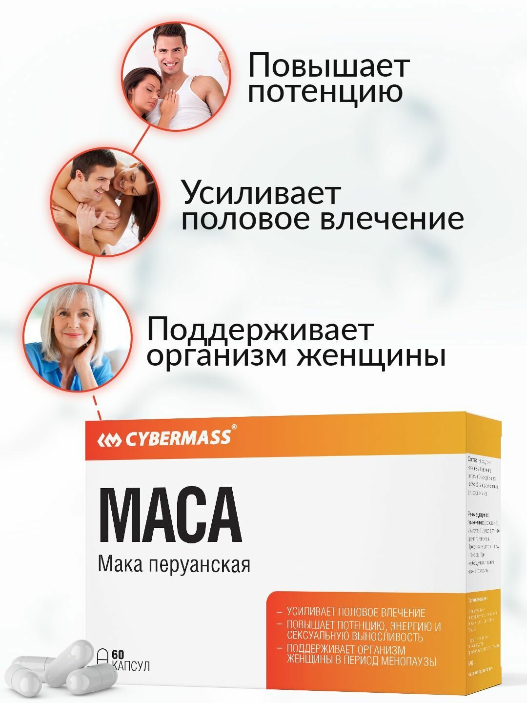Мака перуанская MACA Cybermass, витамины для потенции, энергии и либидо, тестостерон для мужчин, афродизиак, 60 капсул