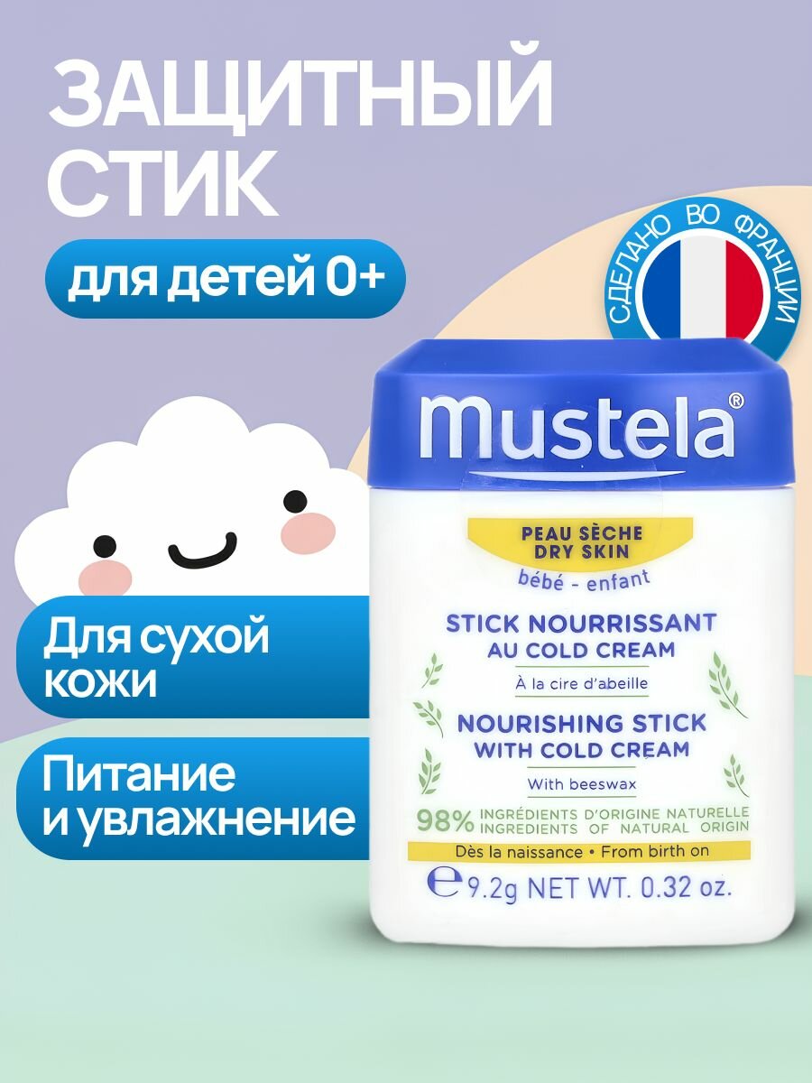 Защитный питательный стик Mustela бальзам для губ, лица детский 0+ с холодным кремом и пчелиным воском