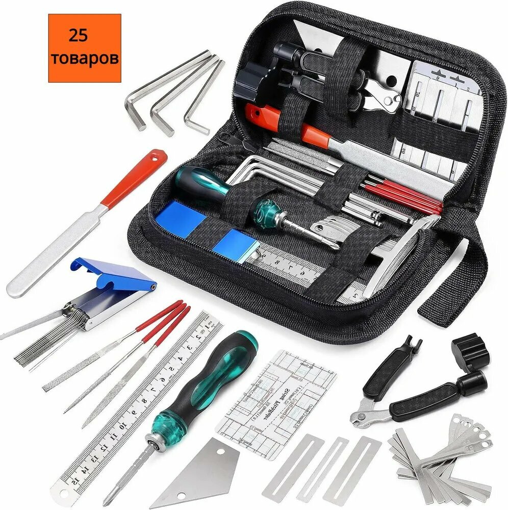 Набор из 25 инструментов для ремонта гитары, установочный комплект с сумкой для переноски акустической электрогитары, укулеле, Ribes, банджо, инструменты для обслуживания