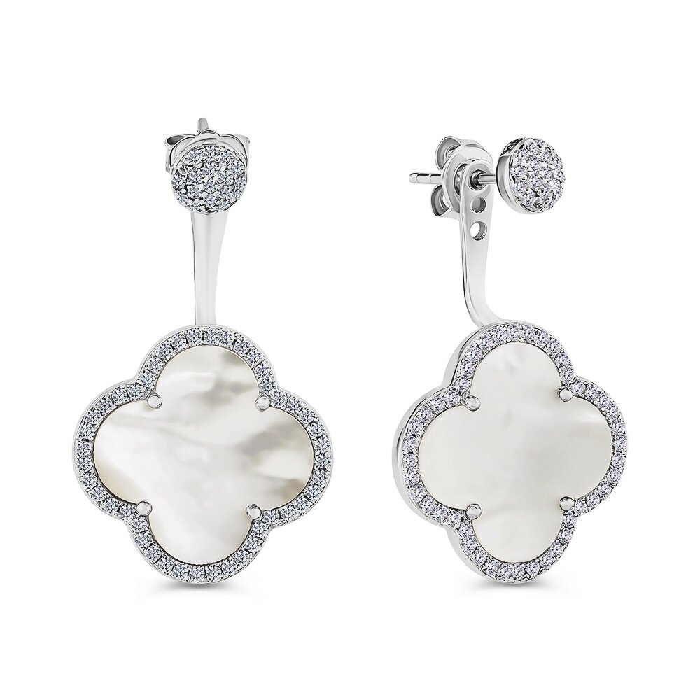 Серьги пусеты, серебро, 925 проба, родирование, фианит, перламутр синтетический