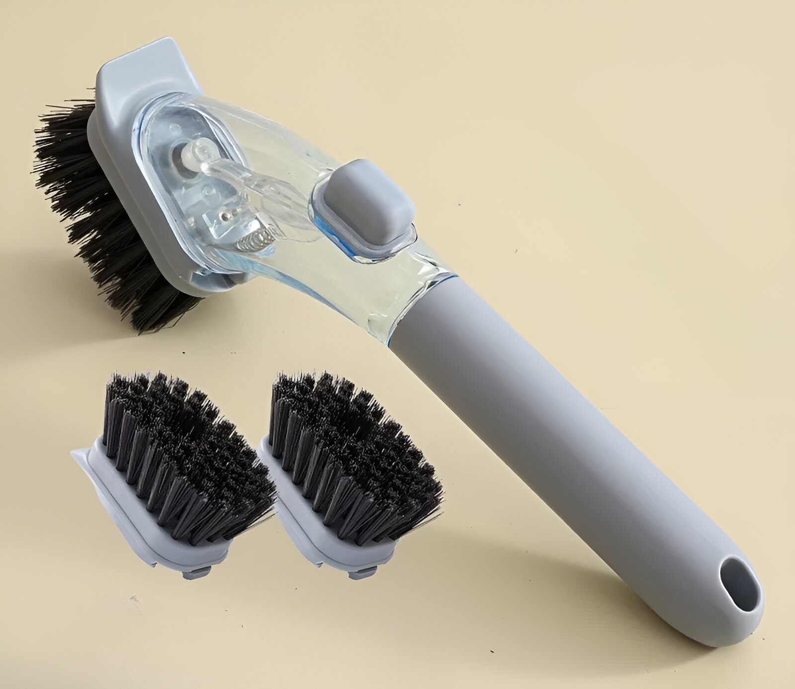 Щетка для мытья посуды кухонная с дозатором + 3 насадки, длинная ручка, ПЭТ, цвет серый