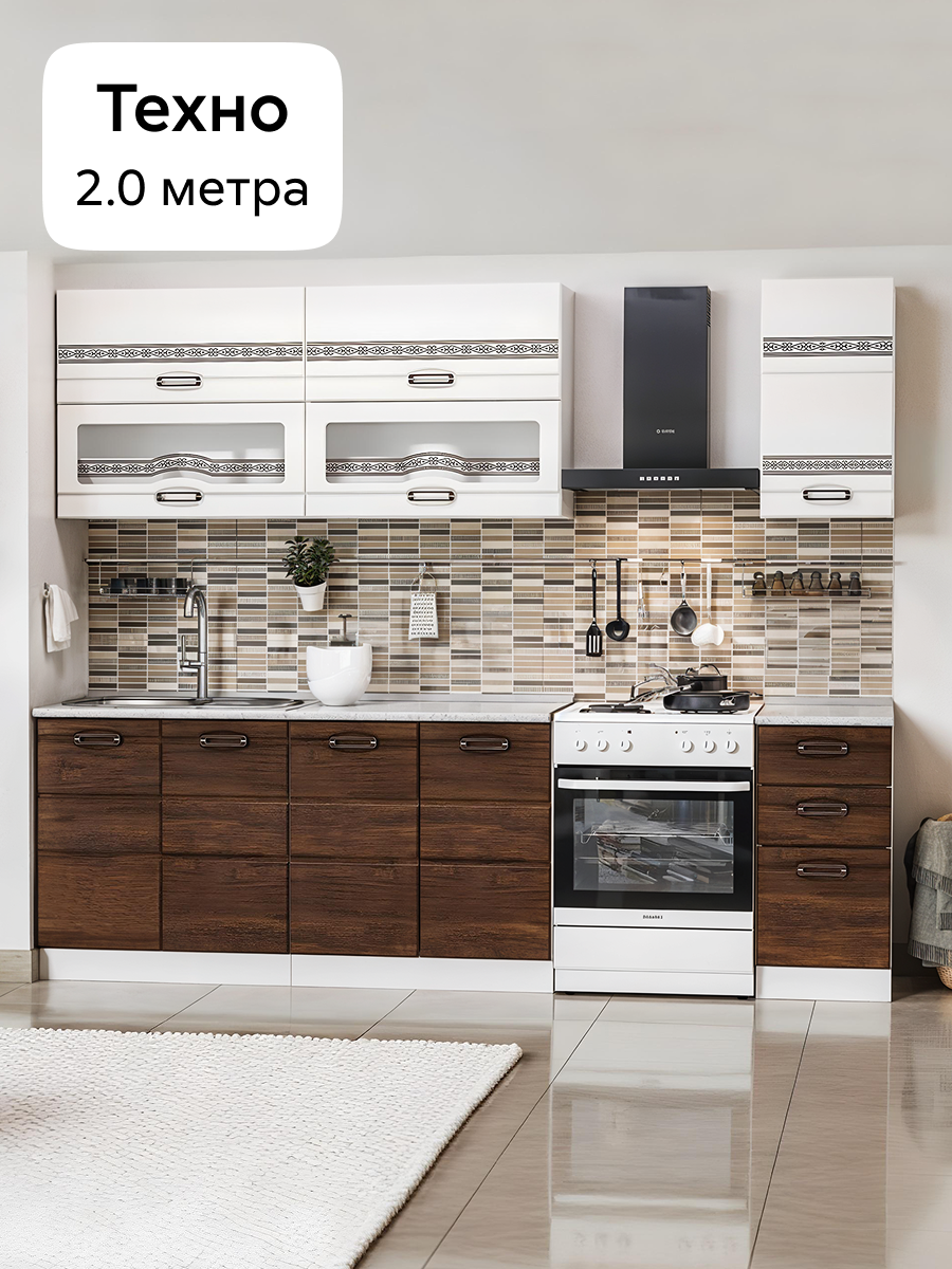 Кухонный гарнитур прямой Нонтон Техно-4, 200 cм, белый глянец / дерево