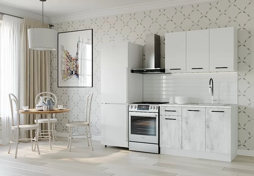 Кухонный гарнитур Sanvut Бланка-1200 столешница 38 мм, каркас ЛДСП, фасад ЛДСП, Белый/Жемчуг/Пайн