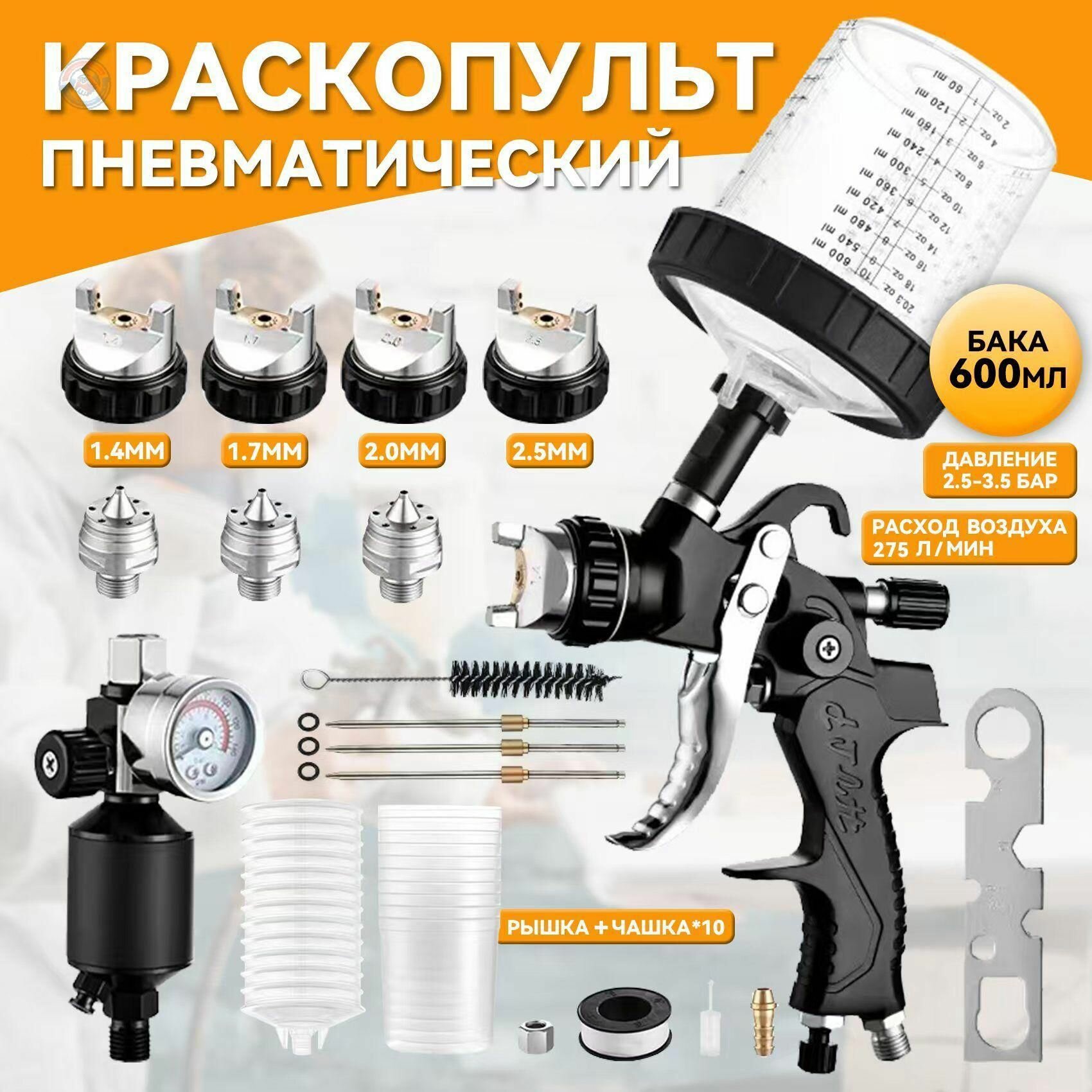 Пистолет для защитных составов HVLP, комплект насадок 1.4-2.5 мм, экономия краски, автомобильная покраска и реставрация мебели