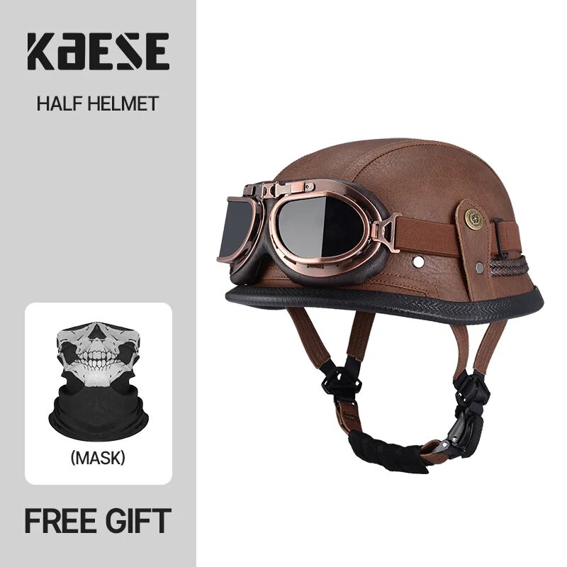 Винтажные легкие кожаные шлемы, Ретро шлем для мотокросса, мотошлем для гонок по бездорожью, мотошлем для езды на мотоцикле, сертификация DOT, Vintage Brown, L, Унисекс